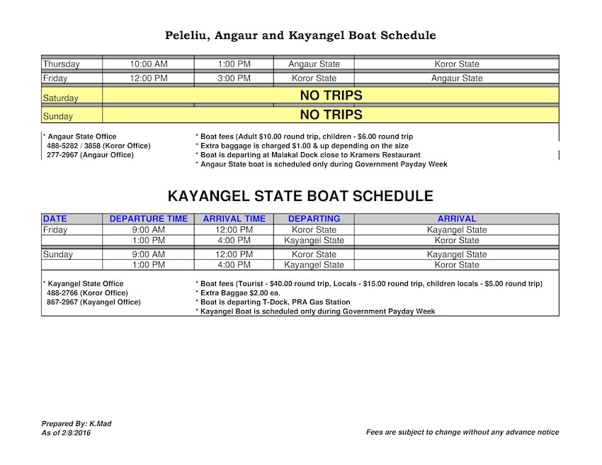 Schedules and Prices for Palau’s State Boat between Koror, Peleliu and ...